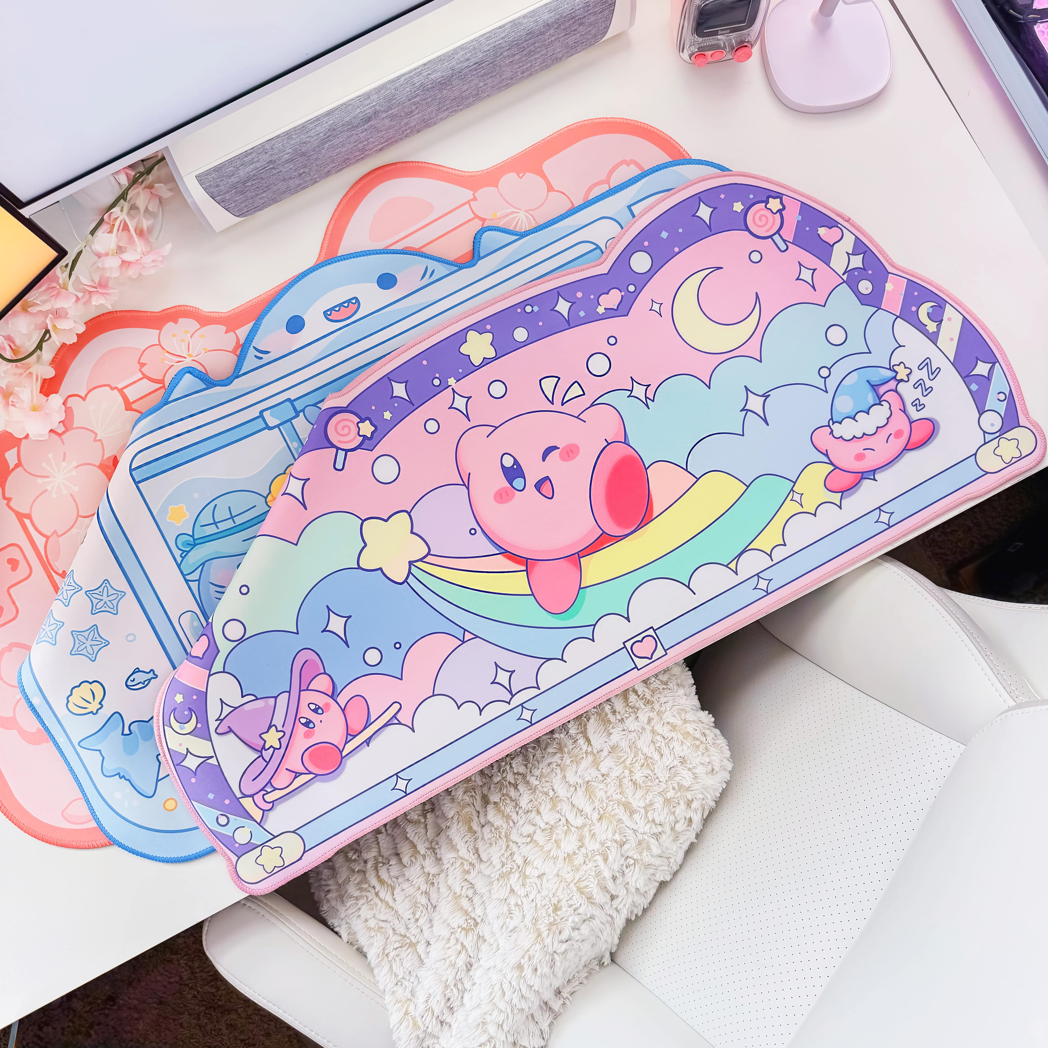 Kawaii Desk Mat Bundle – 3 Pack Anime Kirby Sakura Shark Mousepads ...